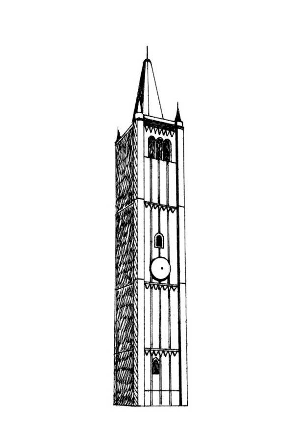 Coloriage de clocher avec une haute tour étroite et une horloge à l'avant