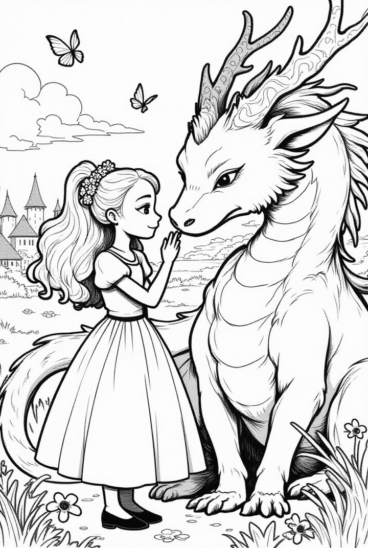 Coloriage princesse avec son ami dragon - Gratuit à Imprimer - Img 32209