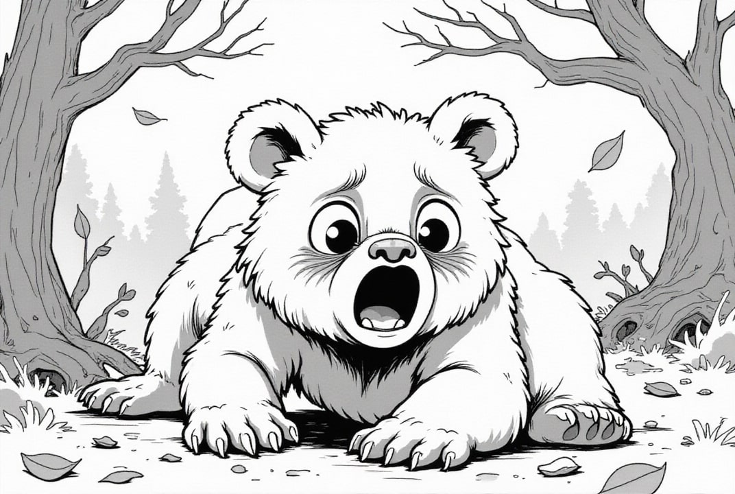Coloriage d'un ours effrayé allongé sur le sol avec de grands yeux et ...
